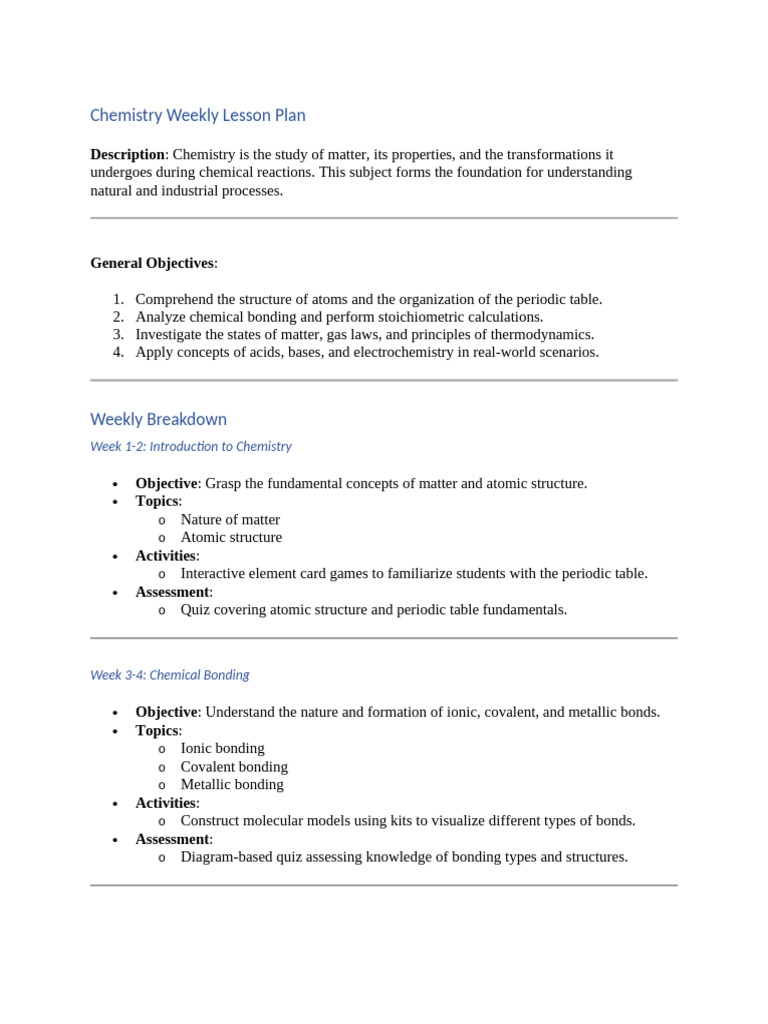 Weekly Chemistry Lesson Plan Overview | PDF | Chemistry | Chemical Bond