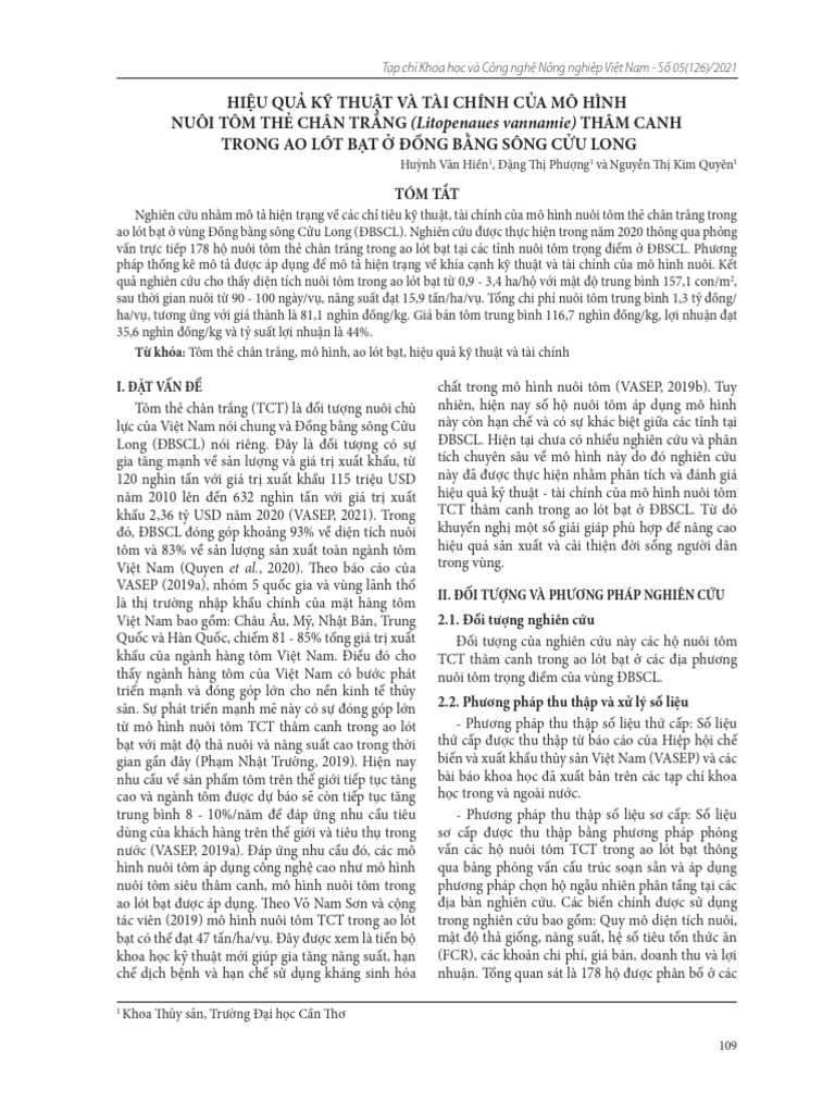 HIỆU QUẢ KỸ THUẬT VÀ TÀI CHÍNH CỦA MÔ HÌNH NUÔI TCT | PDF