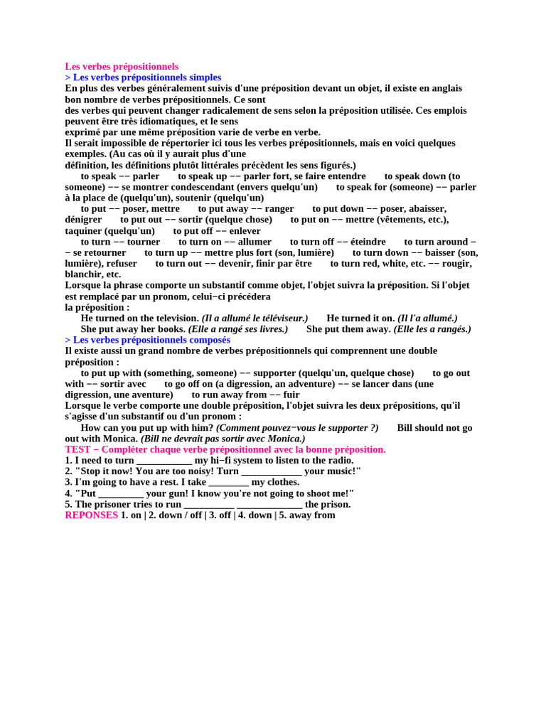 Les Verbes Prépositionnels | PDF | Adposition | Verbe
