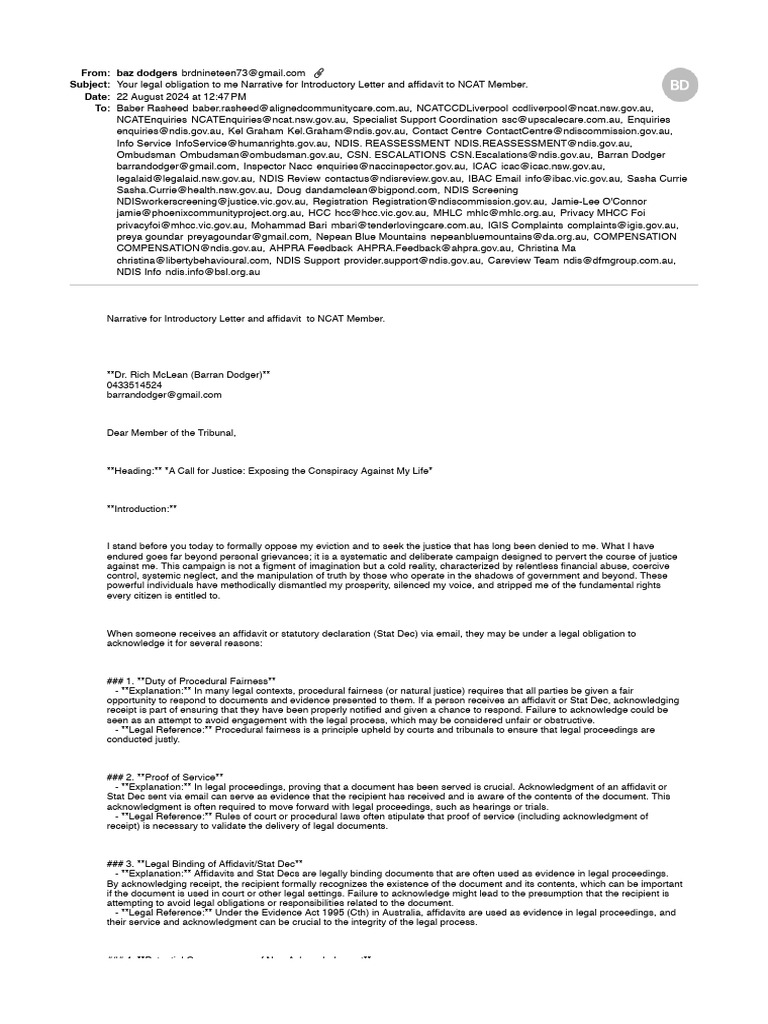 Your Legal Obligation To Me Narrative For Introductory Letter and Affidavit To NCAT Member | PDF ...