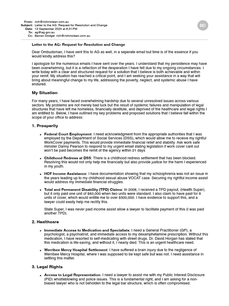 Letter To The AG Request For Resolution and Change | PDF