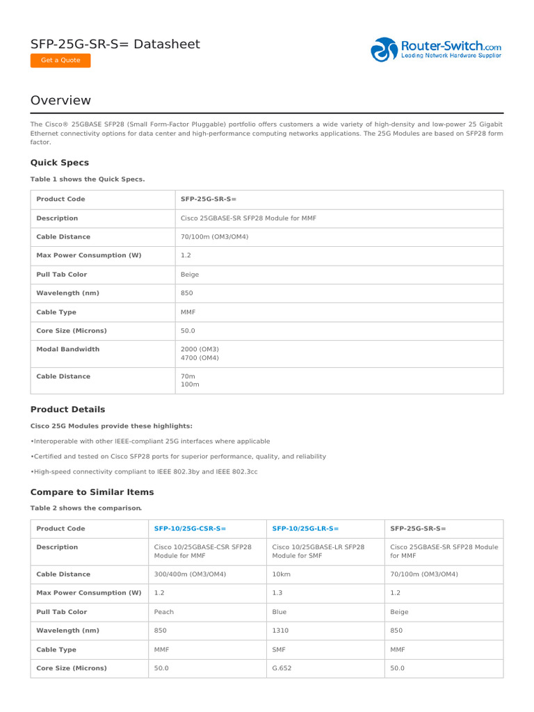 Sfp 25g Sr s Datasheet | PDF | Computer Networking | Telecommunications