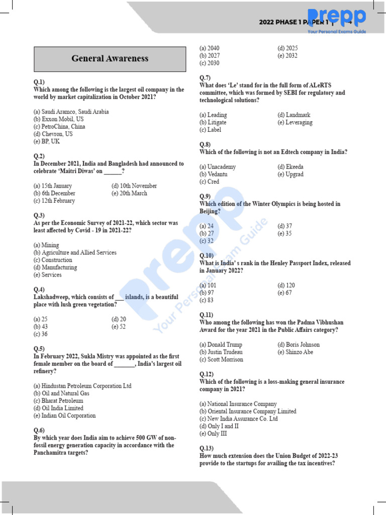 SEBI Question Paper Phase I Paper I 2022 X | PDF | Inflation | Coconut
