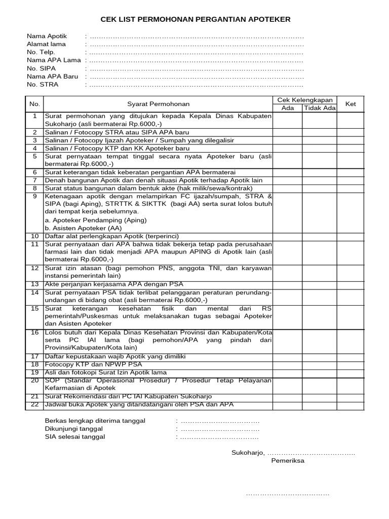 Apotek - Cek List GANTI APOTEKER | PDF
