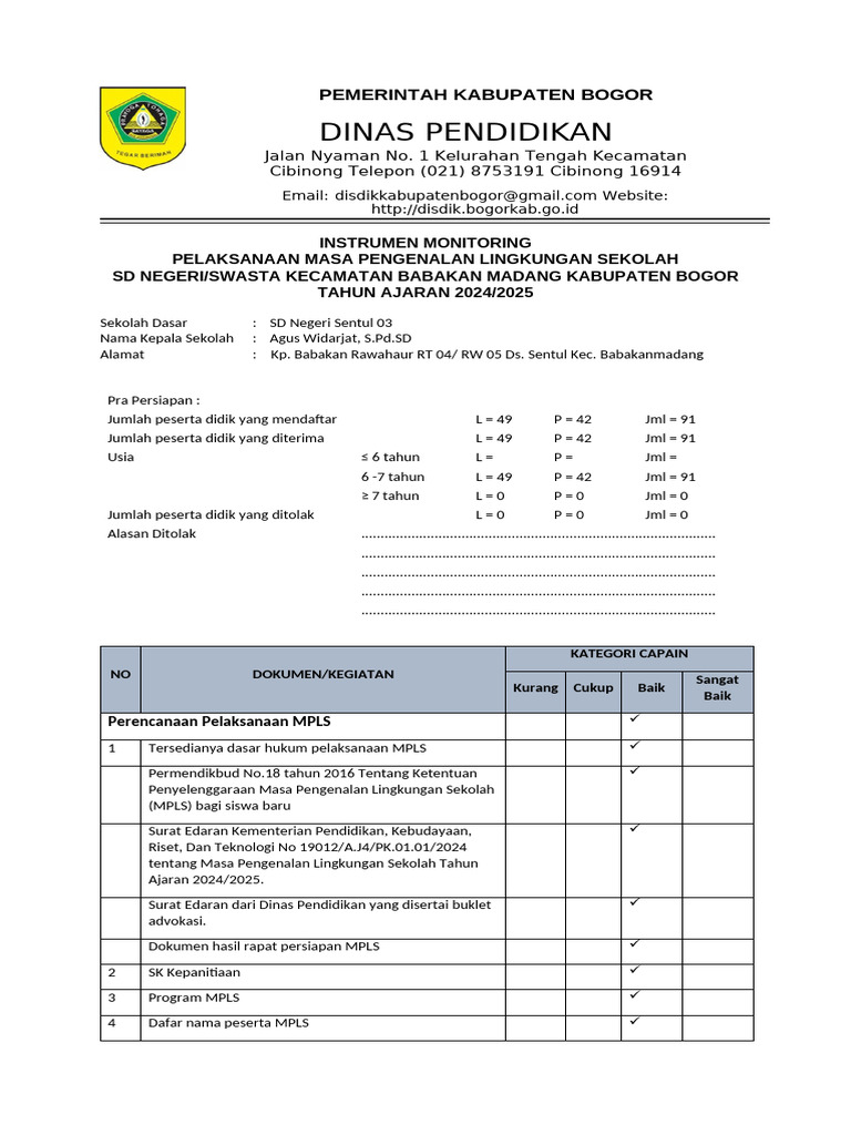 INSTRUMEN MONITORING MPLS KEC. BABAKAN MADANG 2024_SDN SENTUL 03 | PDF