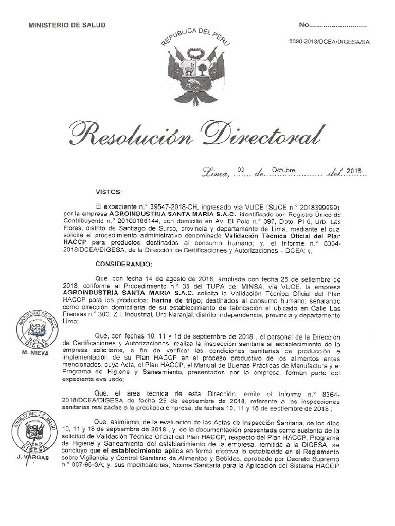 RD Nº 5890-2018-DCEA-DIGESA-SA Validacion de harina | PDF