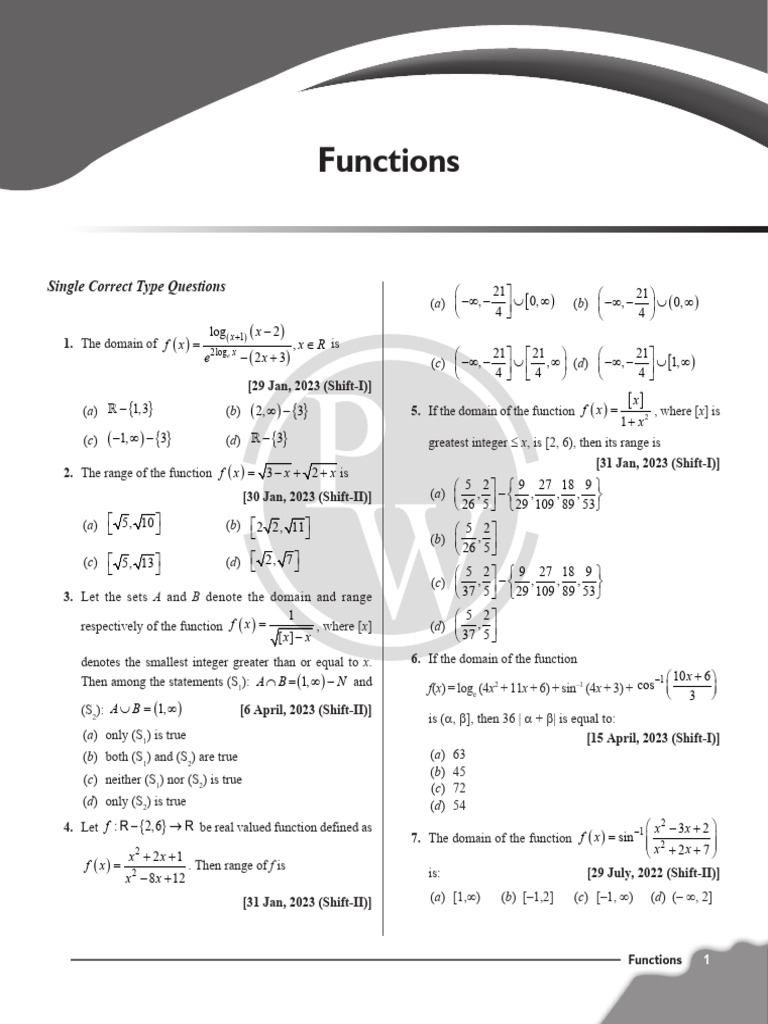 JEE Mathematics Functions: Domain & Range Questions | PDF | Function (Mathematics ...