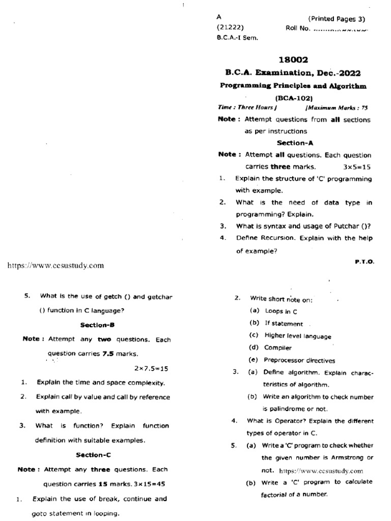 Bca 1 Sem Programming Principles and Algorithm 18002 Dec 2022 | PDF