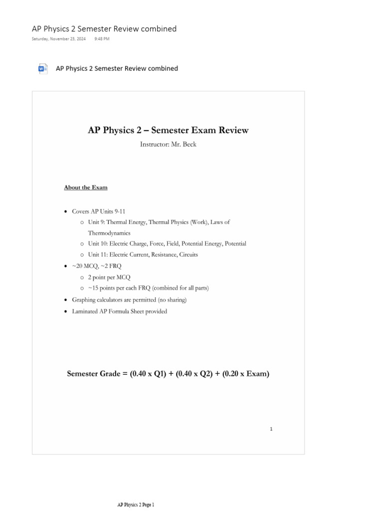 AP Physics 2 Semester Review Guide | PDF | Resistor | Gases