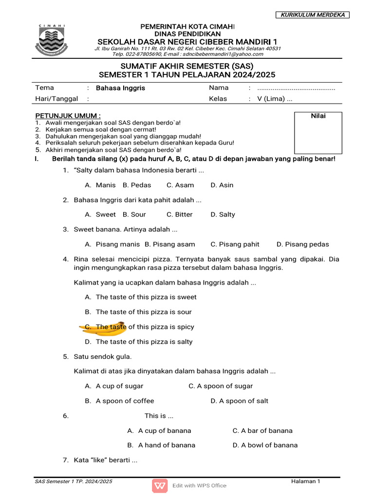 Soal SAS Mapel Bhs Inggris Kelas 5 | PDF