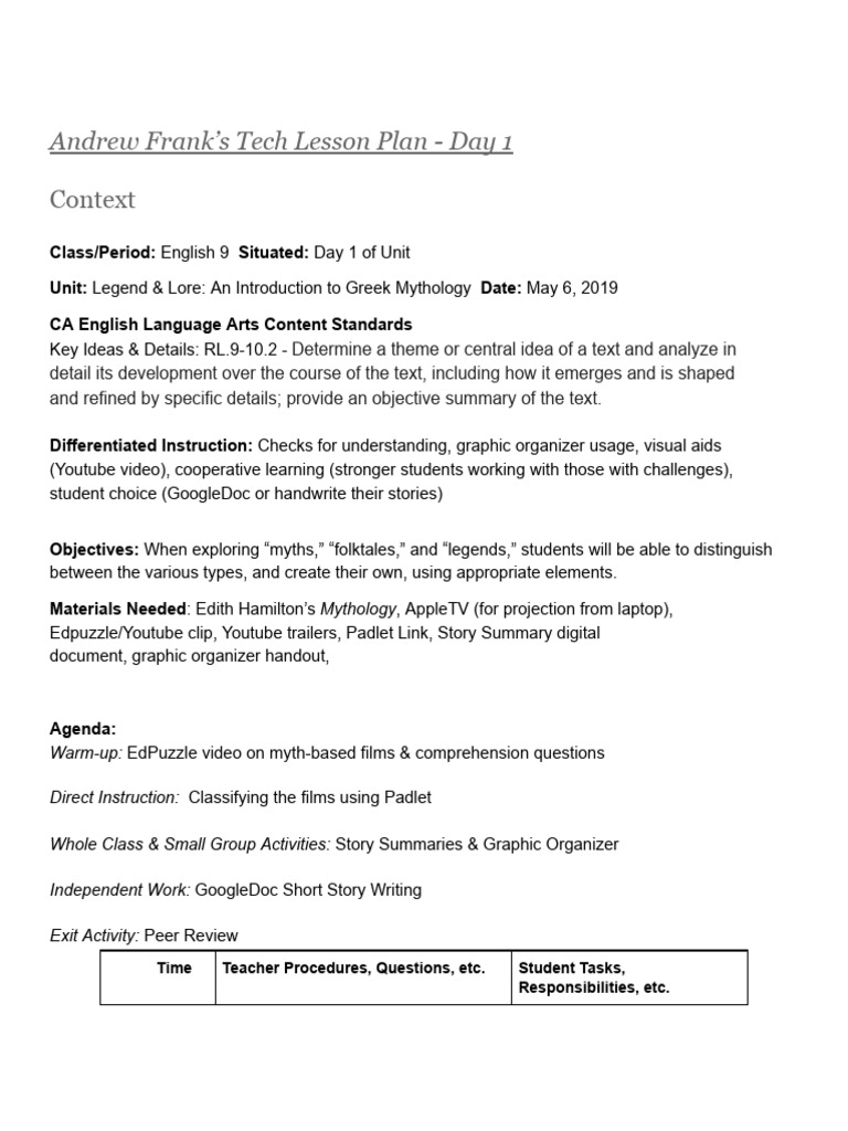Greek Mythology Lesson Plan Overview | PDF | Educational Assessment ...