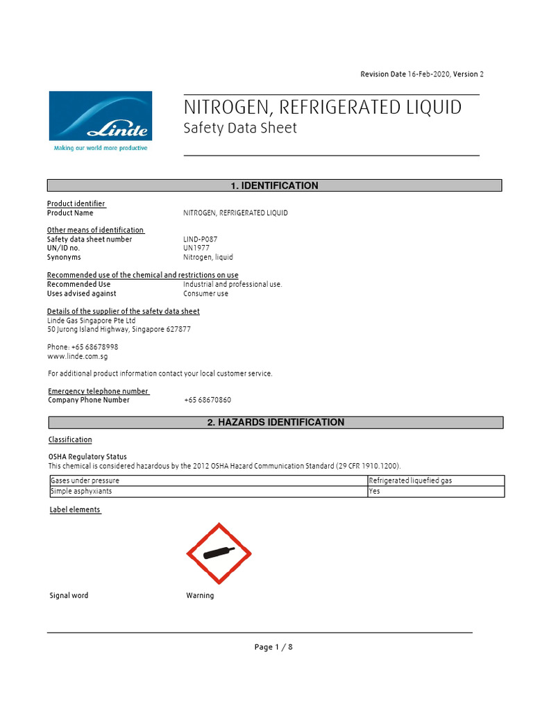 Liquid Nitrogen Safety Data Sheet | PDF | Nitrogen | Occupational ...