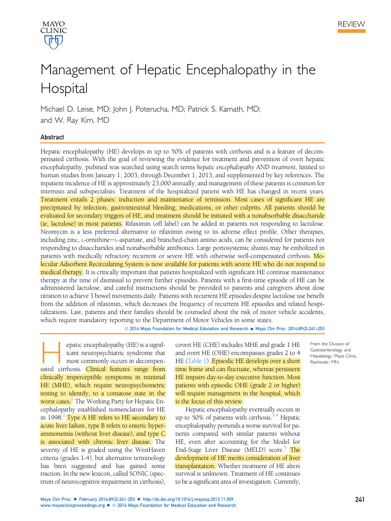 Management of Hepatic Encephalopathy in The Hospital | PDF | Cirrhosis ...
