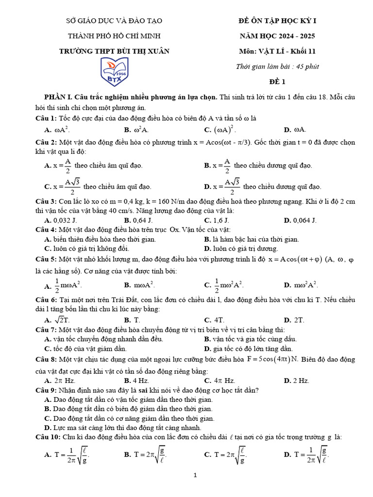 đề ôn số 1 HK1 khối 11 24-25 | PDF