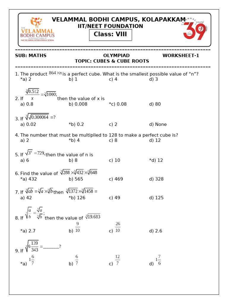 8th Cat - 2 Cubes & Cube Roots Worksheet | PDF | Mathematics | Numbers