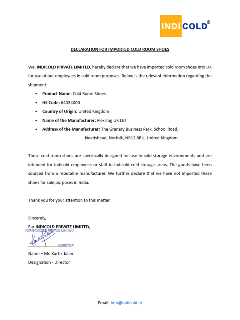 Declaration For Imported Cold Room Shoes | PDF