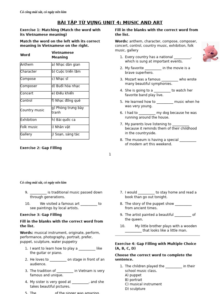 Vocabulary Exercises: Music & Art | PDF | Puppets | Performing Arts