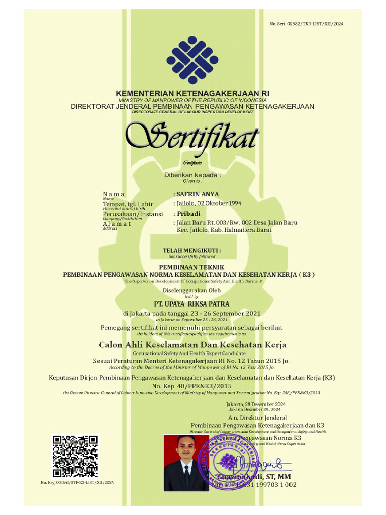 Sertifikat Ahli k3 Umum Safrin | PDF