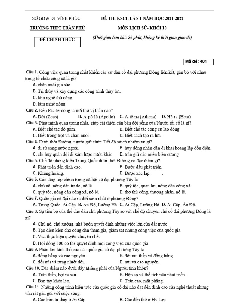 De KSCL Lan 1 Lich Su 10 Nam 2021 2022 Truong THPT Tran Phu Vinh Phuc | PDF