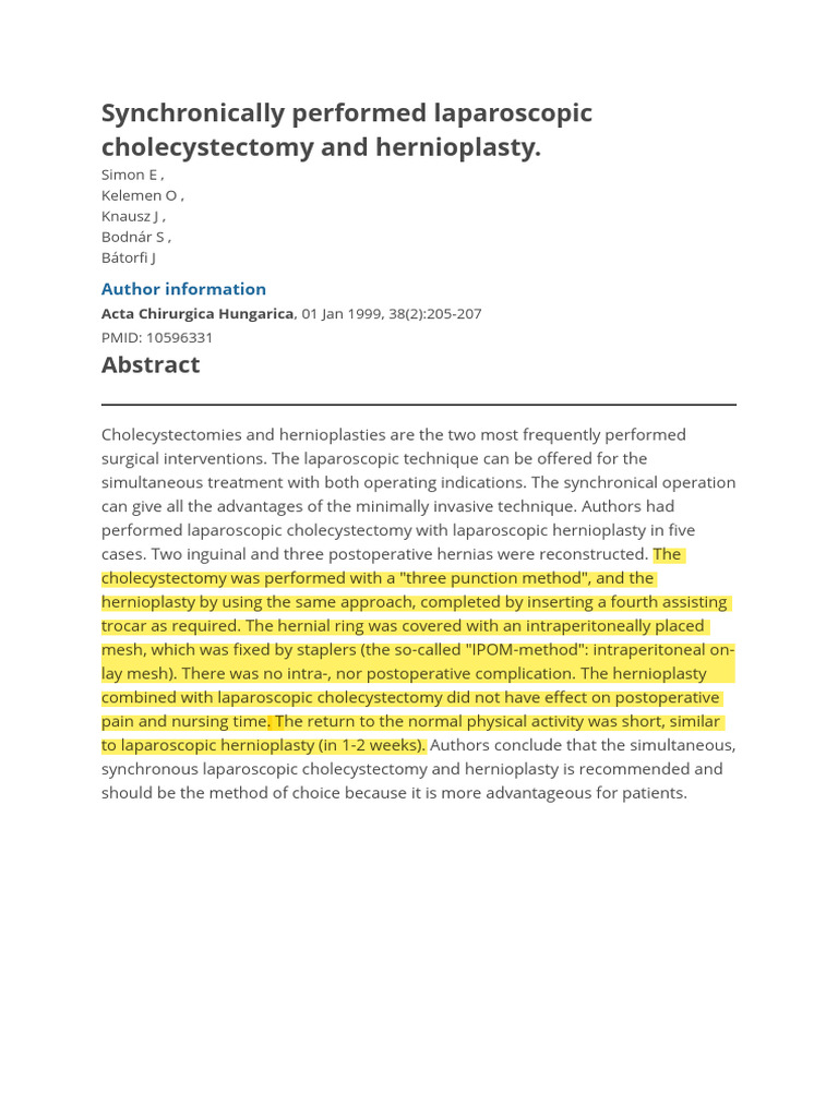 Synchronically Performed Laparoscopic Cholecystectomy and Hernioplasty ...