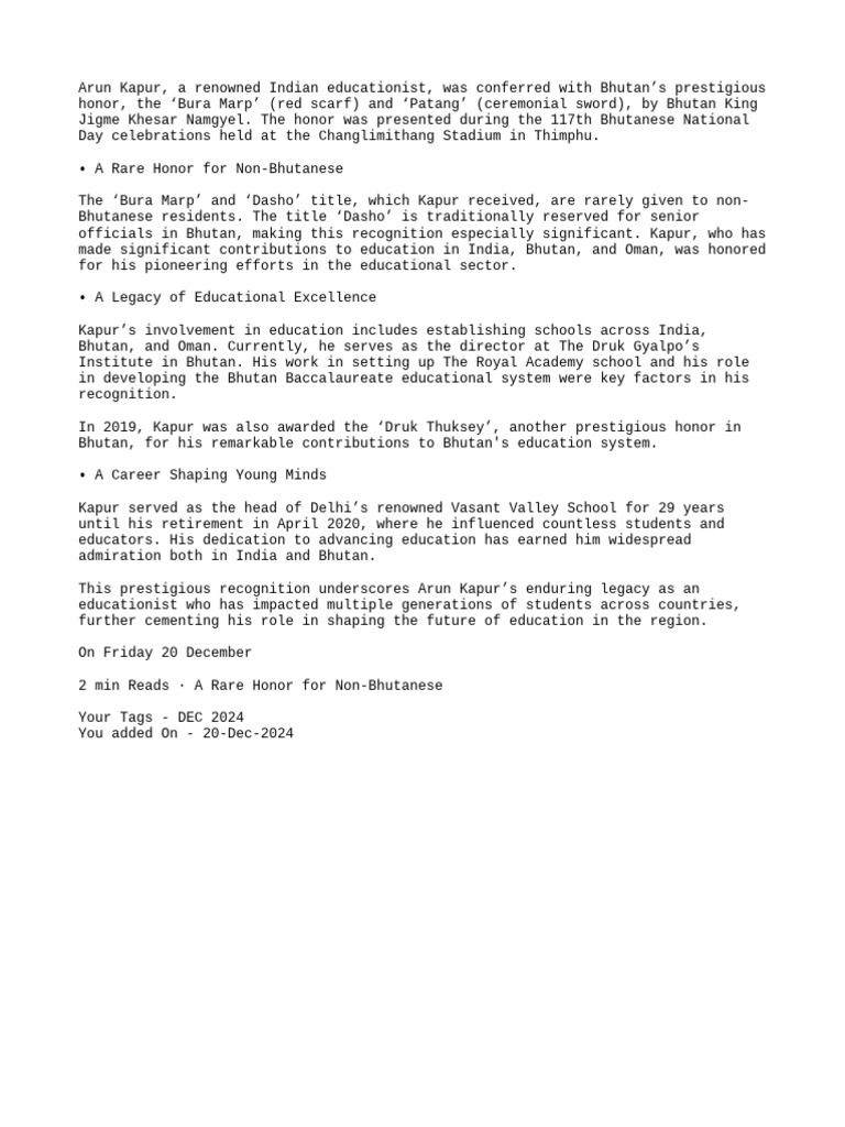 Bhutan Honors Indian Educationist Arun Kapur With 'Dasho' Title and Red Scarf | PDF