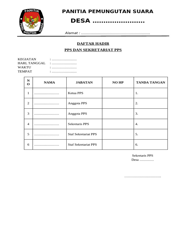 Daftar Hadir PPS Pilkada 2024 | PDF