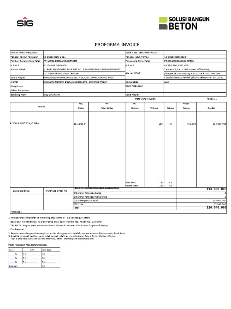 007 - Proforma Invoice Pt. Mitra Karya Usahatama 150 m3 | PDF