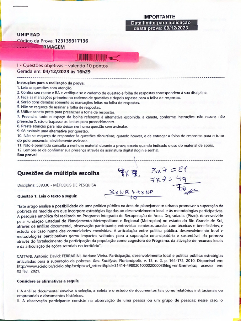 Prova corrigida 2023! Métodos de Pesquisa | PDF