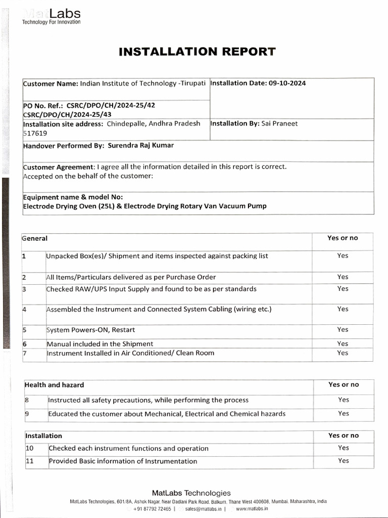Vaccum Oven Installation Report | PDF | Vacuum | Manufactured Goods