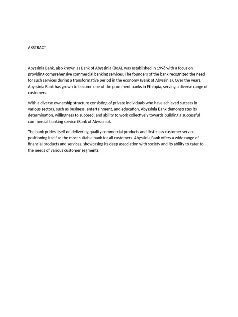Abyssinia Bank: Overview and Objectives | PDF | Banks | Regulatory ...