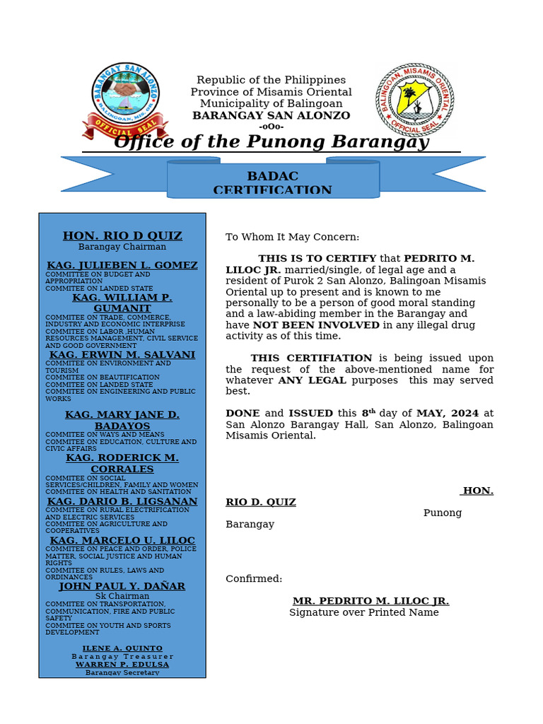 Badac Certification Template 2024 | PDF | Committee