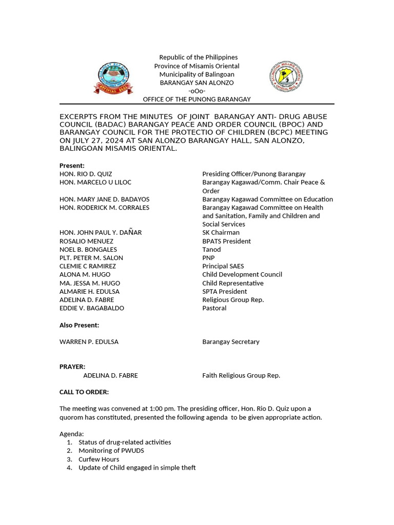 Badac, Bpoc and BCPC Meeting Month of July 2024 | PDF