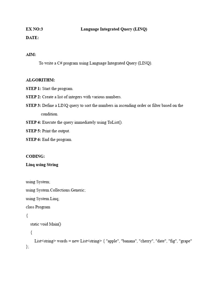 Ex No 3 Linq | PDF | Language Integrated Query | C Sharp (Programming Language)