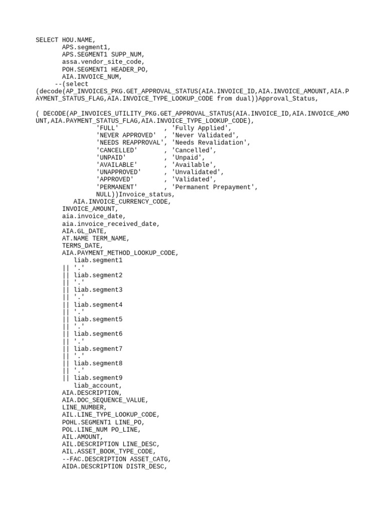 Oracle Fusion AP Invoice Dump SQL | PDF | Sql | Databases