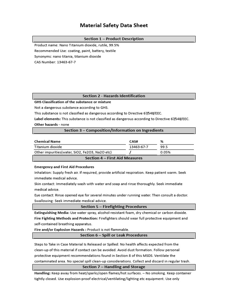 Nano Titanium Dioxide MSDS 99.5% | PDF | Toxicity | Personal Protective ...