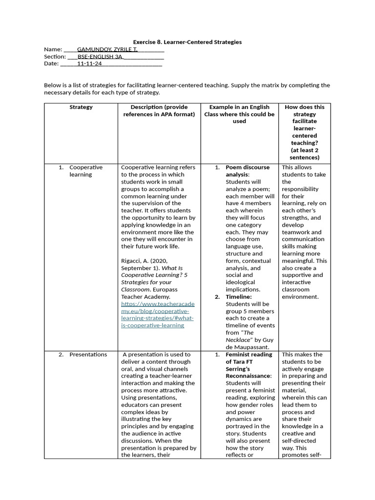 Exercise 8. | PDF | Learning | Cognitive Science