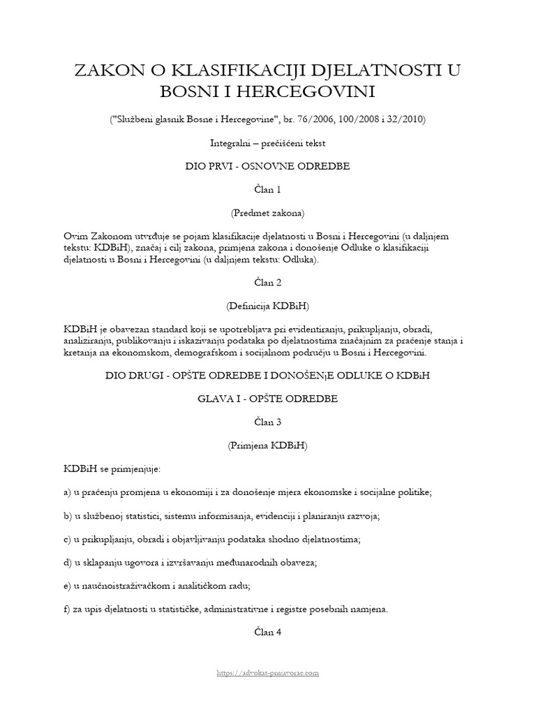 Zakon o Klasifikaciji Djelatnosti U BiH | PDF