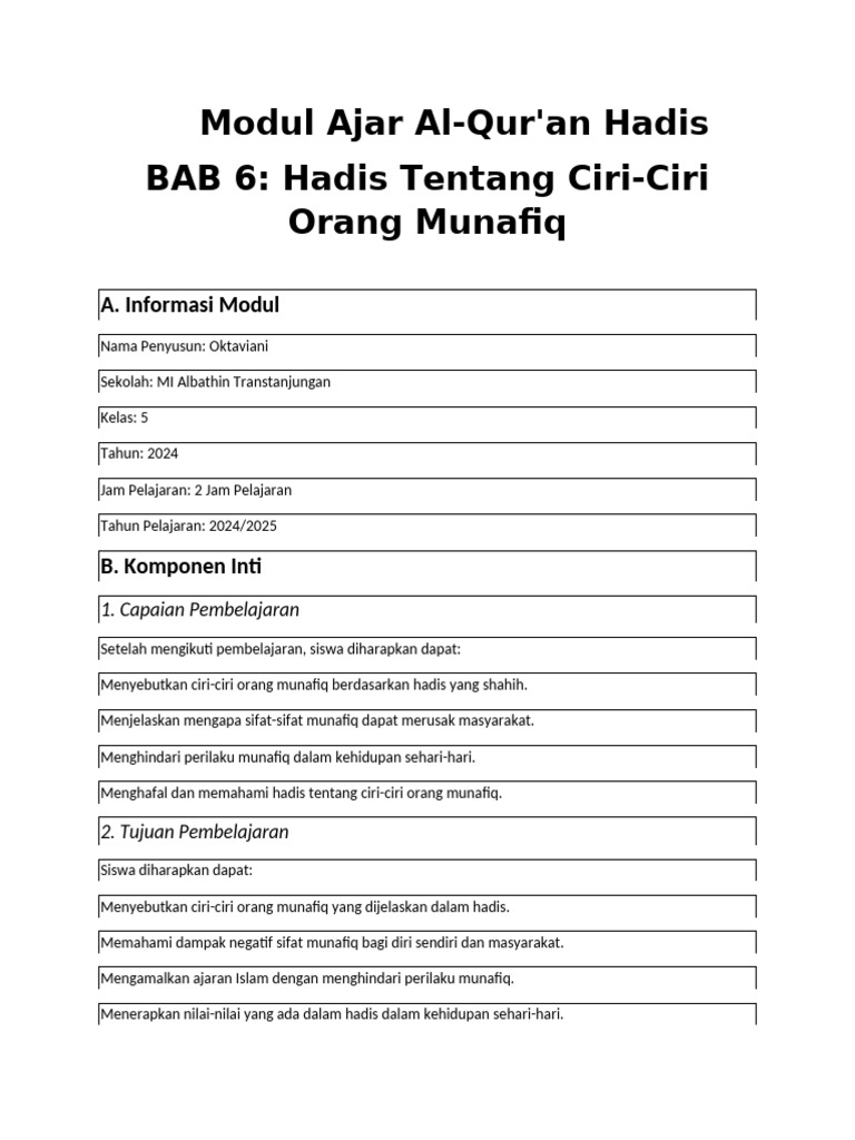 Modul Ajar qurdis bab 6 hadis ciri ciri orangmunafiq | PDF