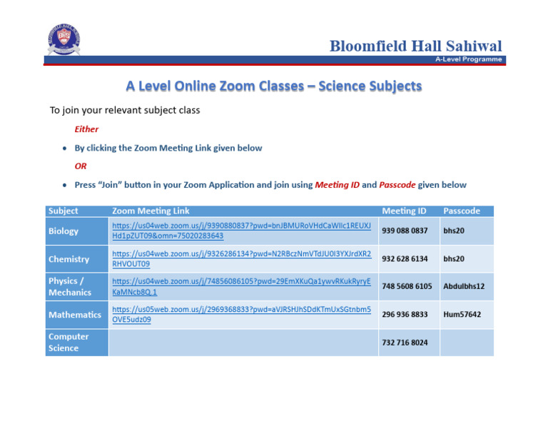 A-Level Zoom Classes at Bloomfield Hall | PDF