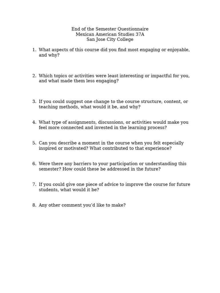 End of The Semester Questionnaire | PDF