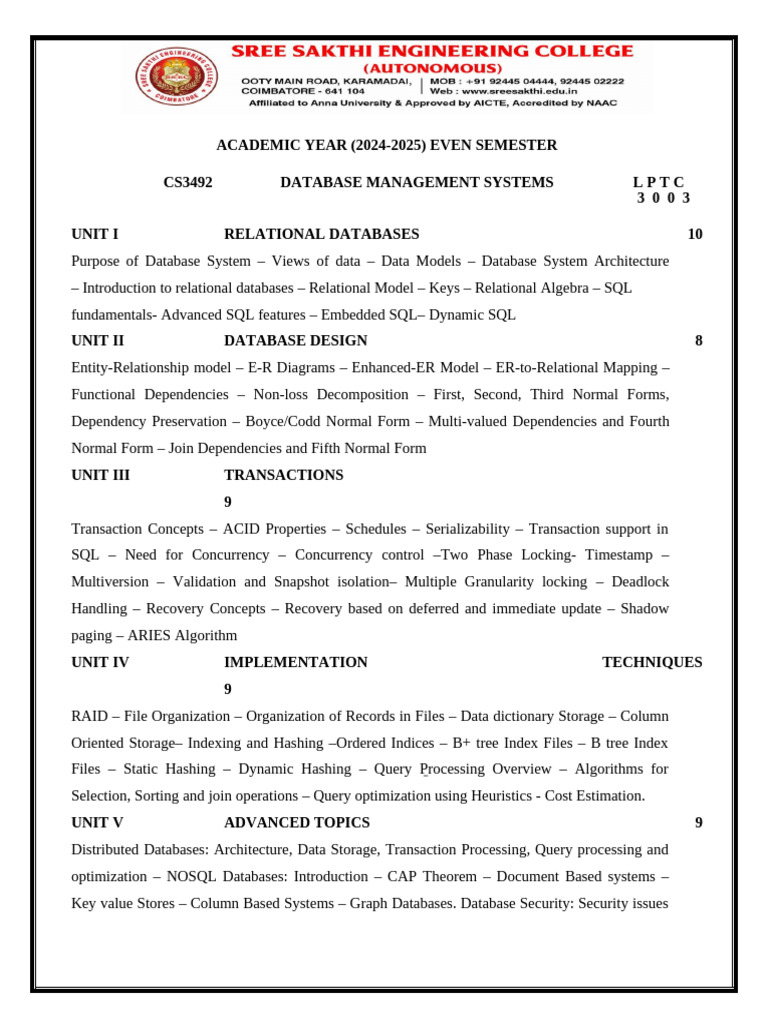 1 Syllabus Pdf Databases Relational Database