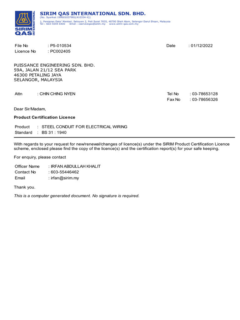 Tmi Gi Pipe - Sirim Cert - PC002405 | PDF