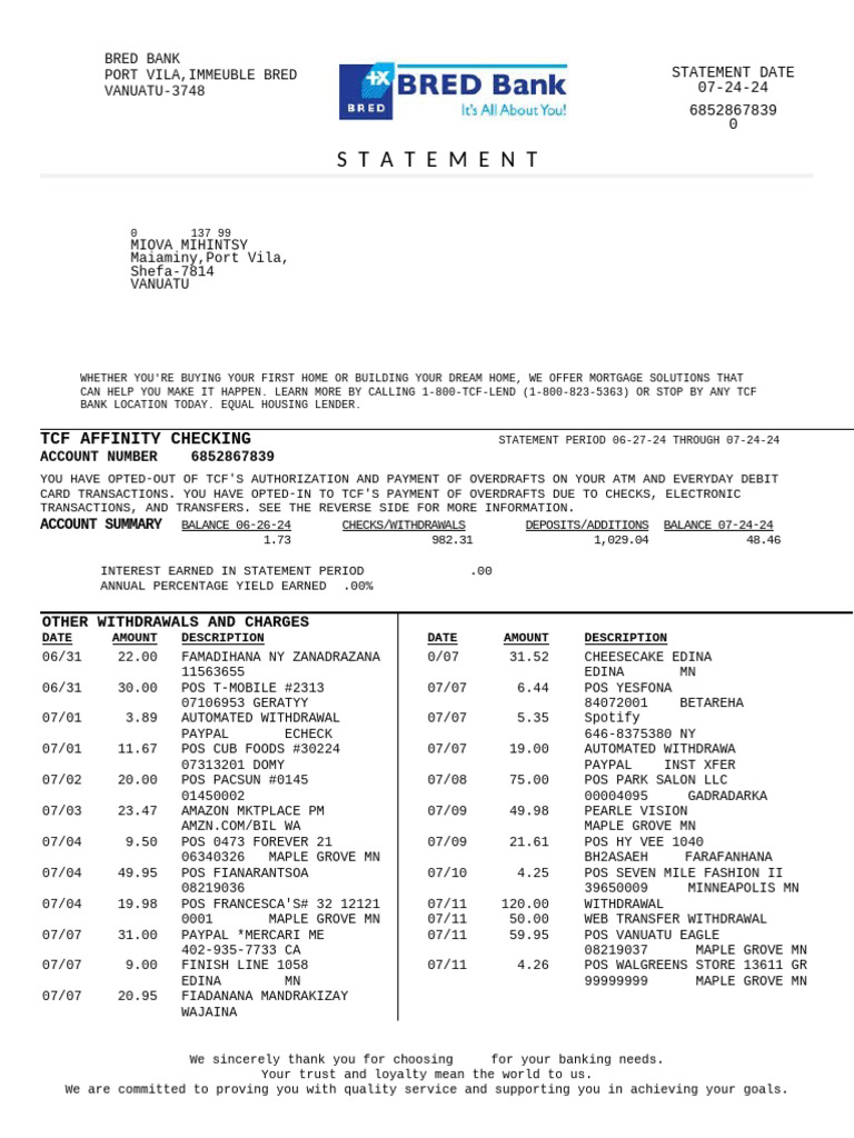 Bred Bank Account Statement Summary | PDF | Banks | Overdraft