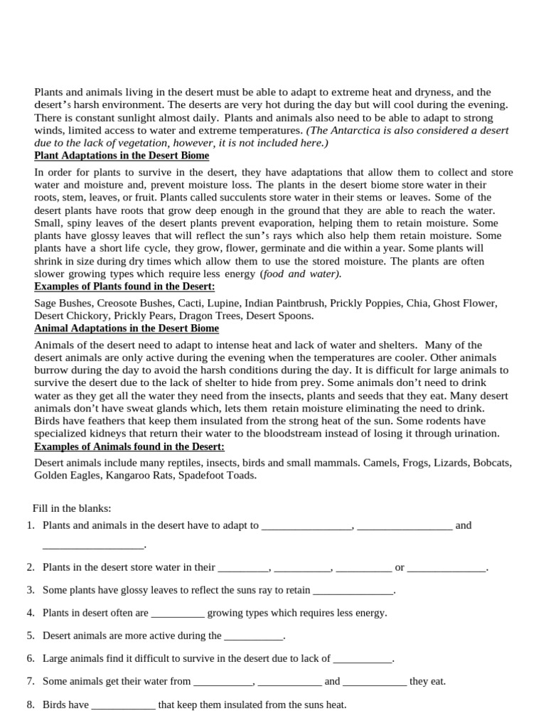 Desert Plant and AnimalAdaptations Worksheet | PDF | Desert | Plants