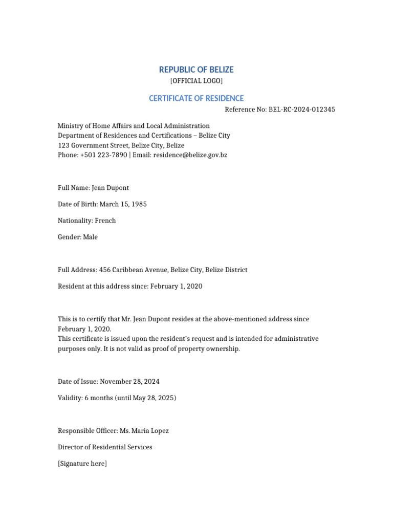 Belize Certificate of Residence | PDF