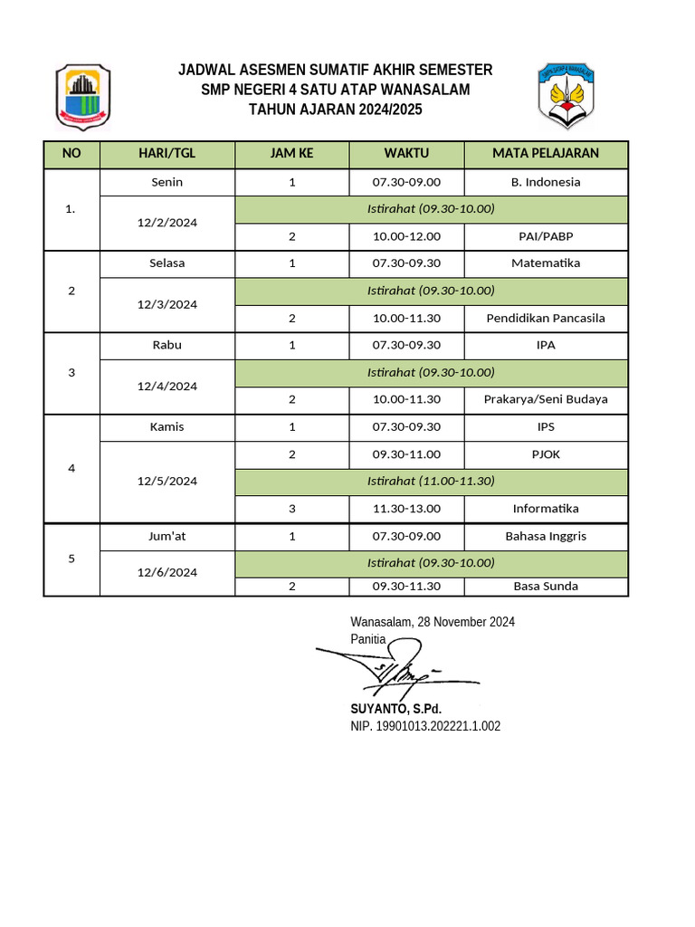 Jadwal Ujian & Pengawas Asesmen Sumatif Akhir 2024.2025 | PDF