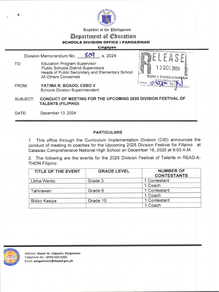 DM809s2024-Conduct of Meeting For The Upcoming 2025 Division Festival ...