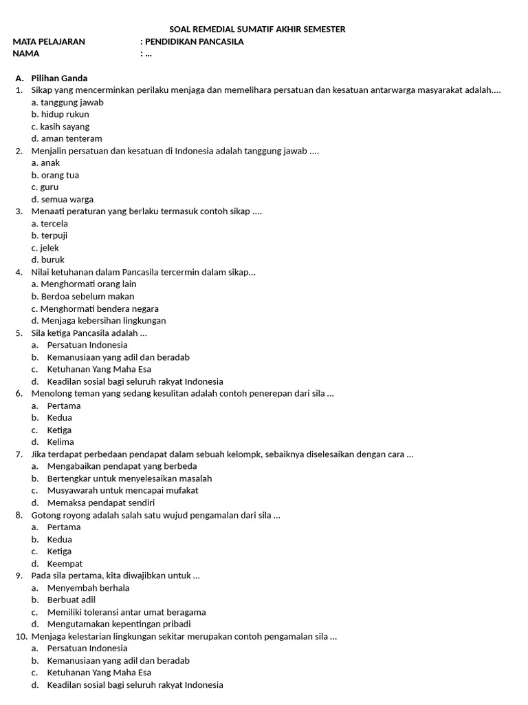 Remedial SAS Ganjil Pendidikan Pancasila | PDF