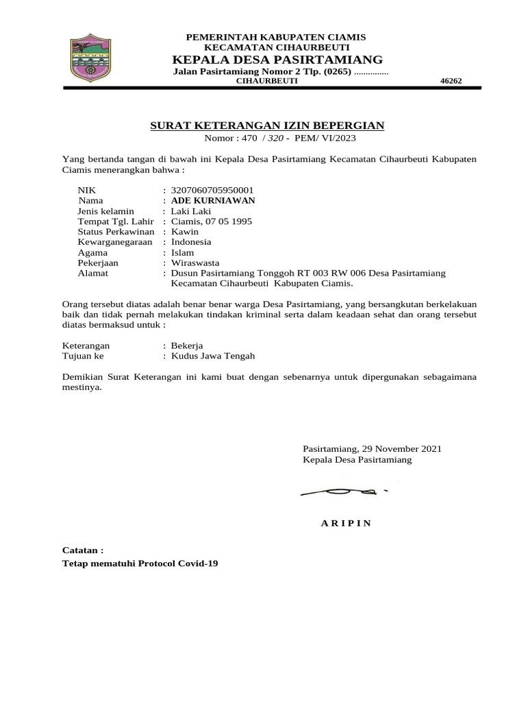 Surat Izin Bepergian Warga Ciamis | PDF