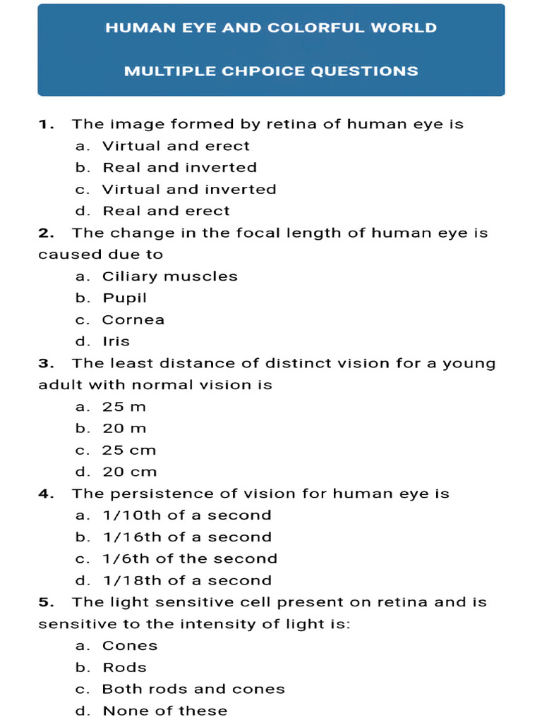 MCQs on Human Eye and Vision | PDF